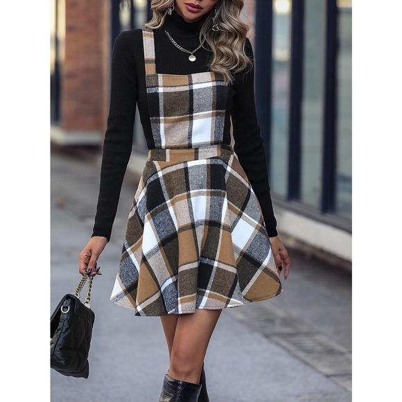 WILA | Dresses | Minimalist Preppy Tan Black White Plaid Print Overall ...